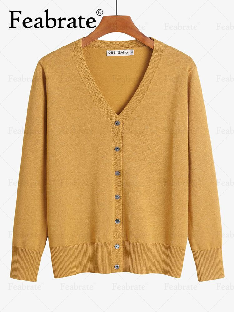 Кардиган Женский Feabrate желтый Хлопок, Нейлон, размер 54, 56 Пуговицы Длинный Однотонный Китай ...