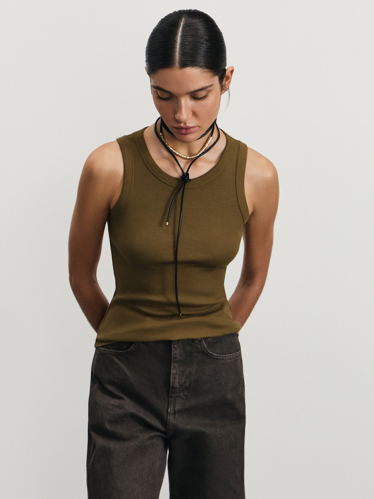 Майка Женский Zarina оливковый, размер 44 Хлопок, Эластан Повседневный Узбекистан облегающий ...