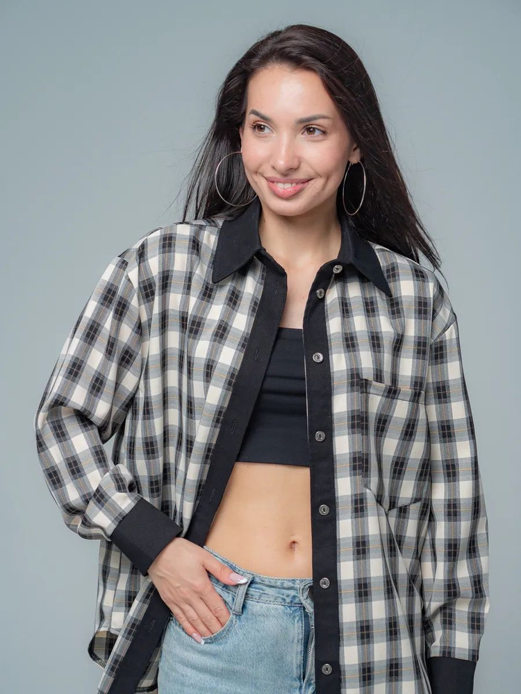 Рубашка Женский Lady Gina бежевый Длинный Хлопок, Полиэстер Карманы, Кокетка Клетка, размер 44 ...