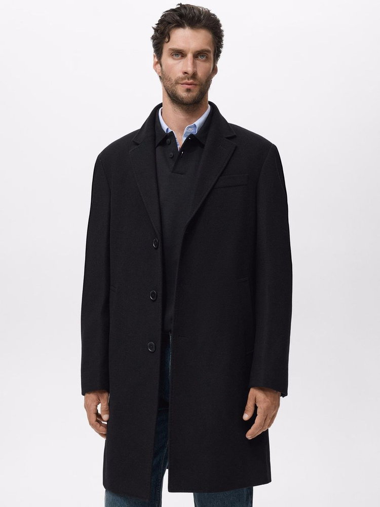 Пальто Мужской MANGO Man черный Шерсть, Полиэстер, размер 46, 48 На любой сезон купить c ...