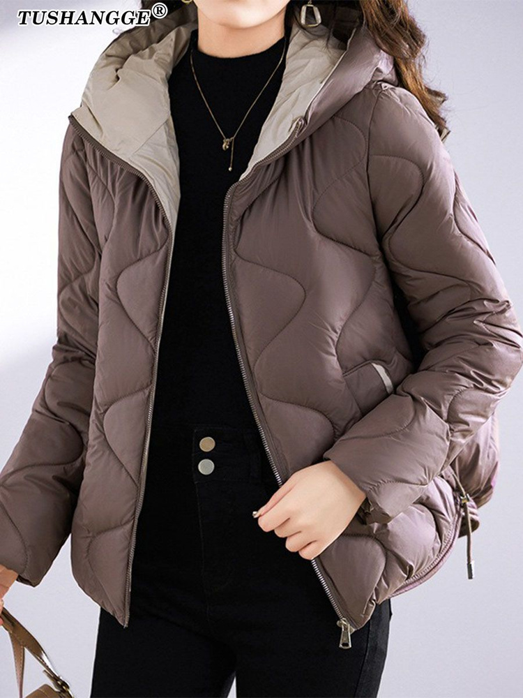 Куртка Женский TUSHANGGE Карманы, Капюшон кофе Полиэстер, размер 50, 52 Длинный Демисезон прямой ...