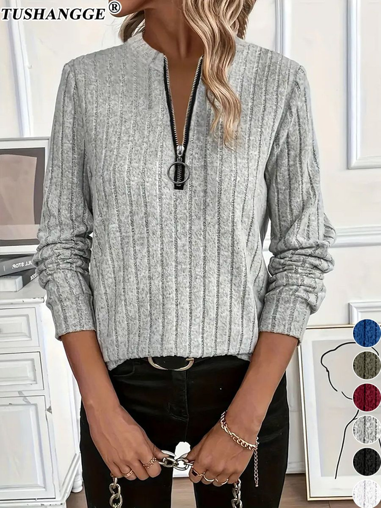 Джемпер Женский TUSHANGGE серый Политекс, размер 54 Молния Воротник оверсайз Длинный Однотонный ...