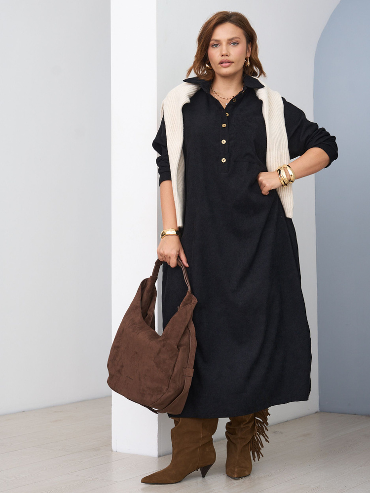 Платье Женский SPARADA черный платье-рубашка Повседневный Длинный Вельвет, размер 62, 64 ...