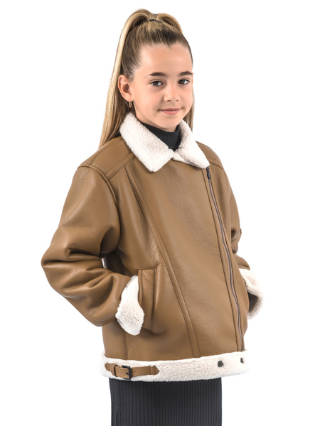 Дубленка Девочки Valini Овчина, Экозамша Мех, Карманы отложной коричневый, размер 146 авиатор ...