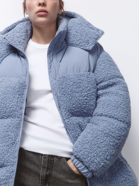 Куртка Женский Befree голубой Мех искусственный, размер 42 Длинный Зима прямой Синтепух Китай ...