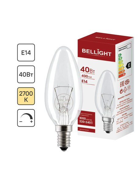 Лампа накаливания Bellight E14 220-240 В 40 Вт свеча 400 лм цвет света ...