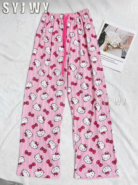 Брюки Женский SYJWY широкие розовый для дома Полиэфирный шелк, размер 50 Другое полуприталенный ...