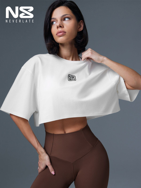 Футболка Женский NEVERLATE приглушенно-белый Короткий, размер 42, 44 Трикотаж оверсайз ...