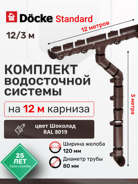 Комплект Водосточной системы Docke STANDARD цвет Шоколад RAL 8019 12м/3м, водосток для крыши ...