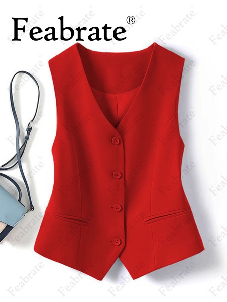 Жилет Женский Feabrate красный, размер 52 Декоративные пуговицы Пуговицы Однотонный Повседневный ...