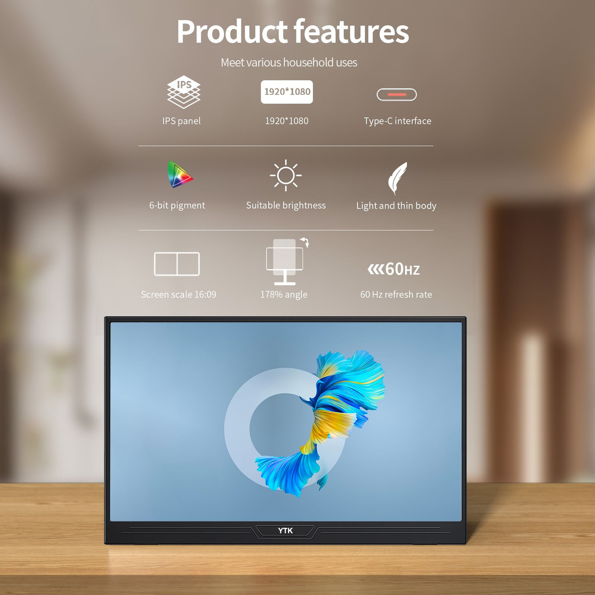 Монитор Портативный монитор,YTK 14A,IPS 1920*1080,16:10,Portable ...