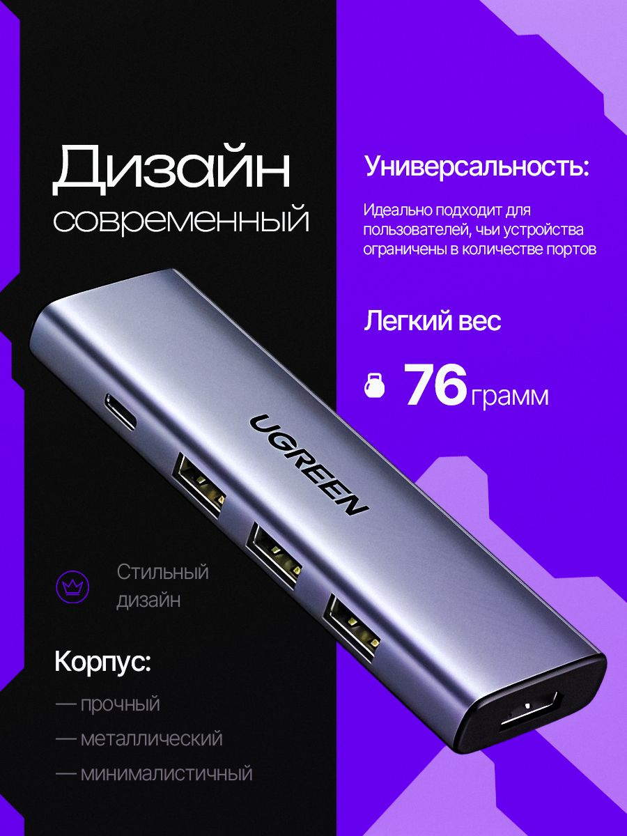 USB HUB с Type-C UGREEN CM511 (15596), USB-C+PD, HDMI, 3*USB 3.0, серый ...