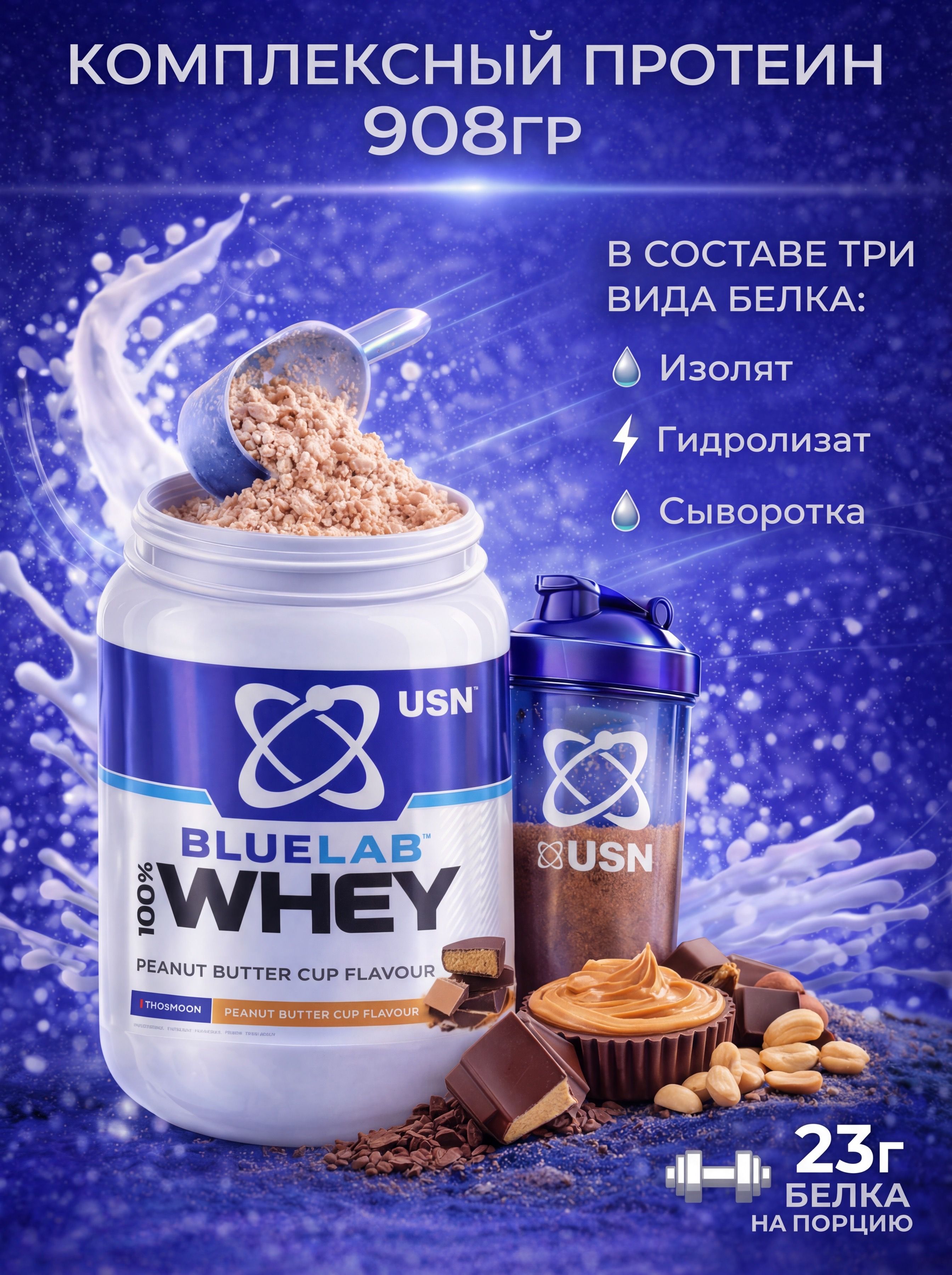 USN Протеин сывороточный, BlueLab Whey 908 грамм (Арахисовая паста ...