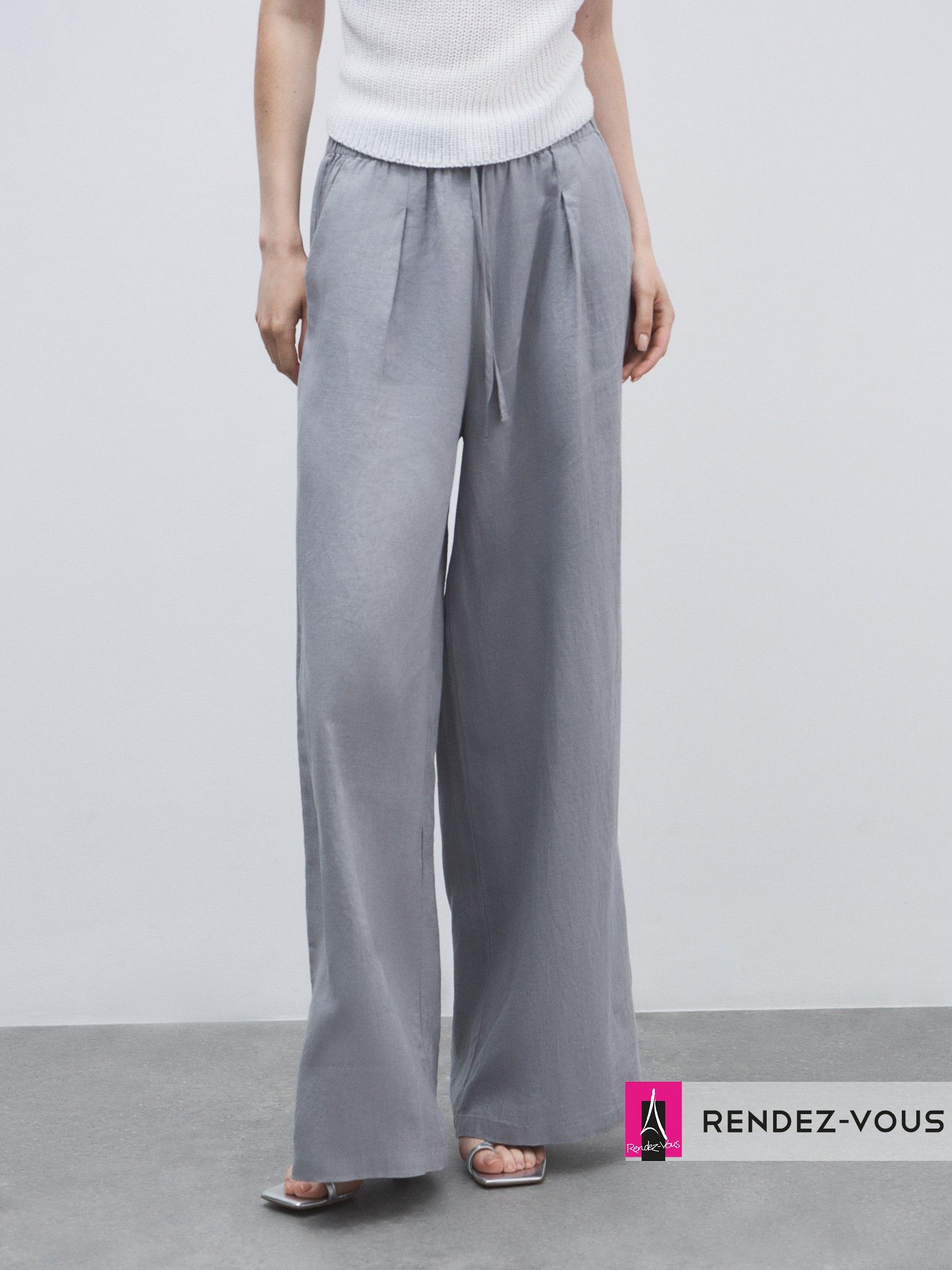 Брюки Женский Maison David PARIS палаццо светло-серый Лён, размер 52 ...