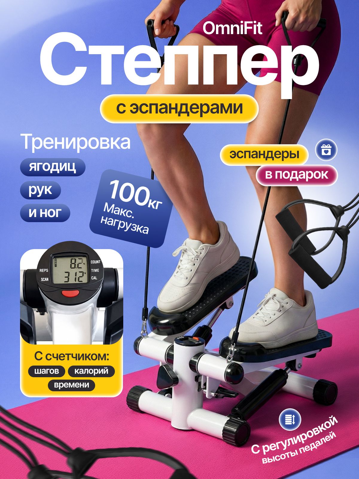 Мини-степпер тренажер для дома OmniFit, с эспандерами для рук, нагрузка ...