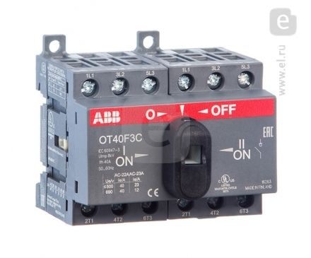 Реверсивный рубильник ABB OT40F3C до 40A 3х полюсный на DIN-рейку или ...