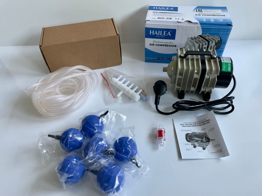 Компрессор Hailea ACO-318, набор для аэрации, гидропоники, компрессор с аксессуарами - камни 3 ...
