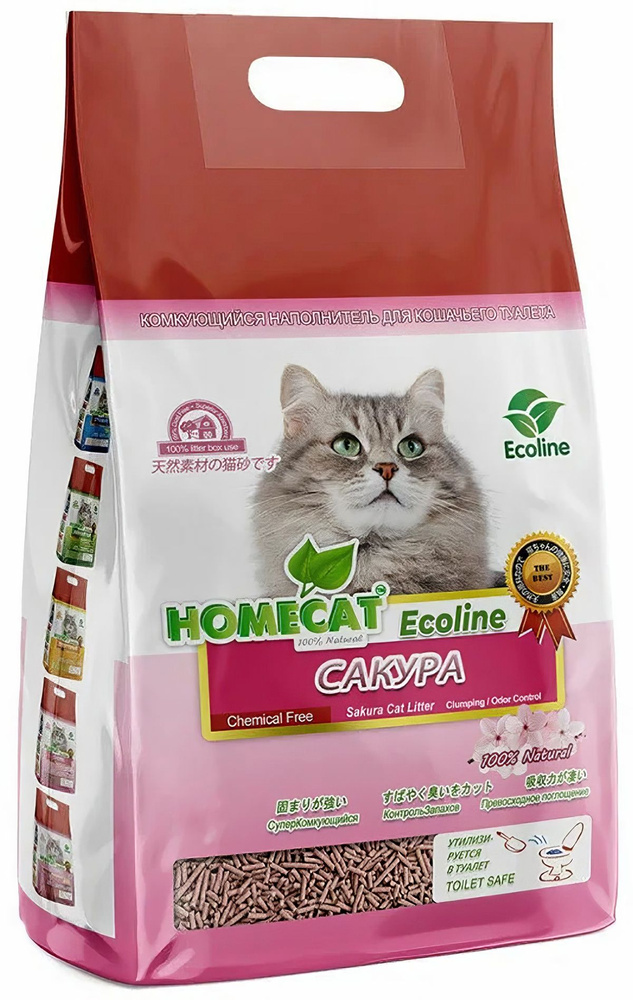 Наполнитель Homecat Ecoline Лотос-Сакура для кошек, комкующийся, с ароматом сакуры, 5.6 кг, 12 л ...