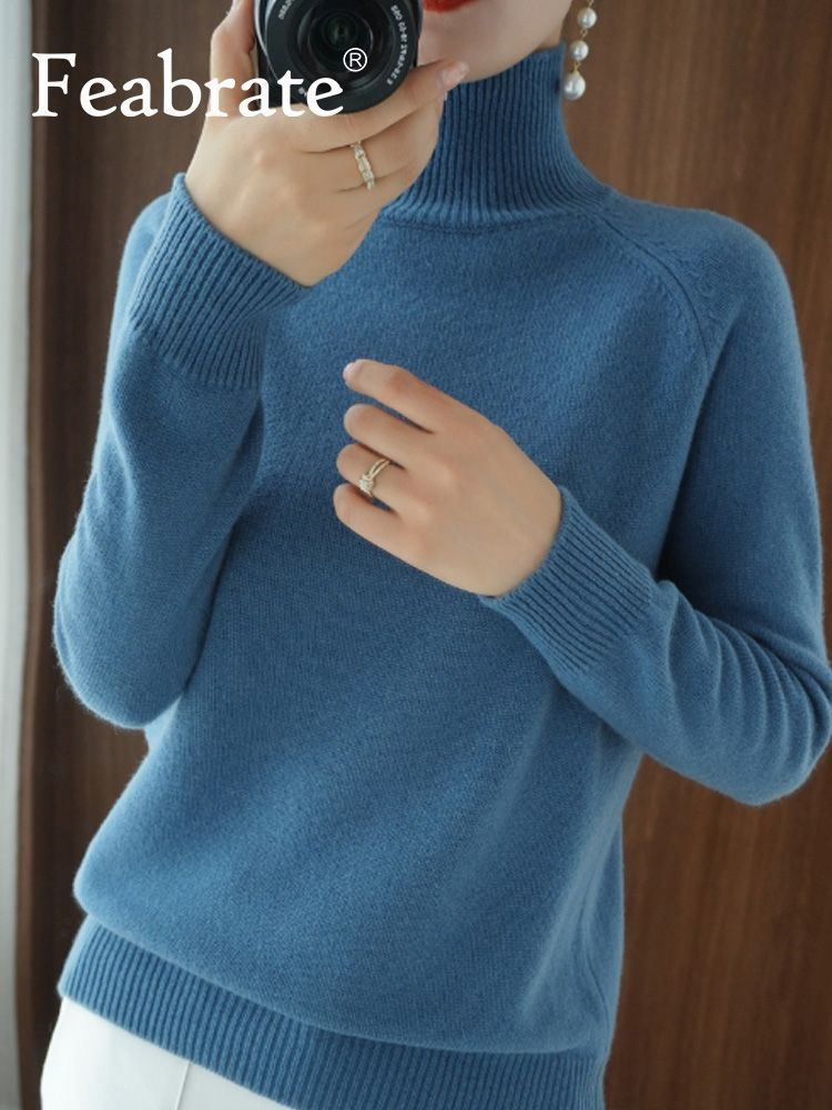 Свитер Женский Feabrate синий Фатин, размер 48 Без застежки Длинный Однотонный Китай с ...