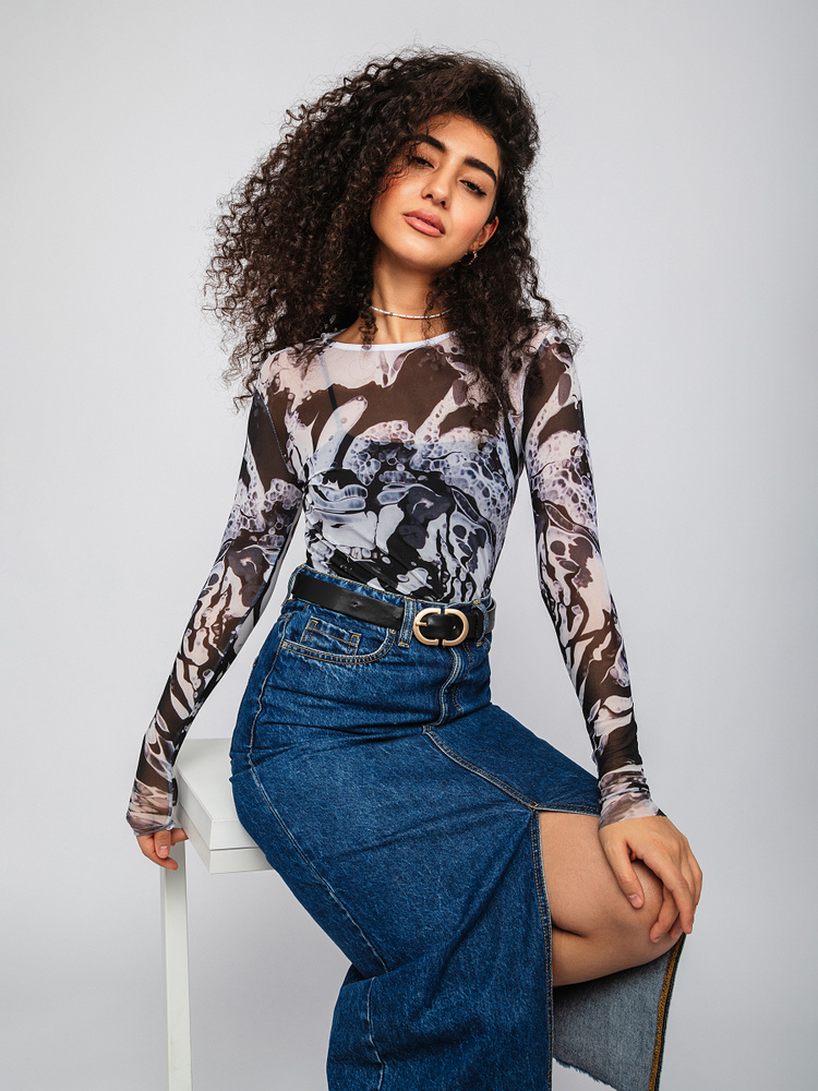 Лонгслив Женский chic chick черный, белый Длинный, размер 48 Полиэфир ...