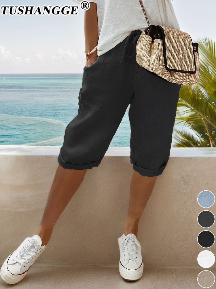 Бриджи Женский TUSHANGGE черный Политекс Повседневный, размер 44 Затягивающийся шнурок На любой ...