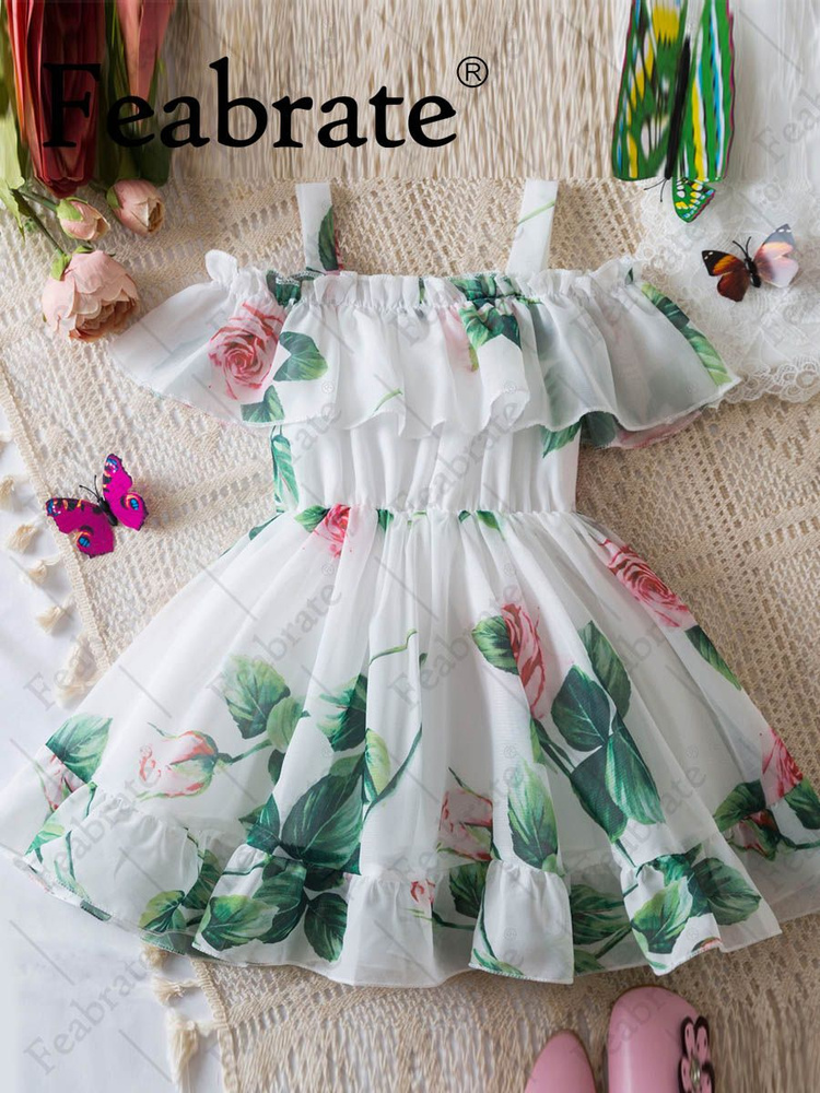 Платье Девочки Feabrate белый Повседневный Без рукавов Хлопок Манжеты ...