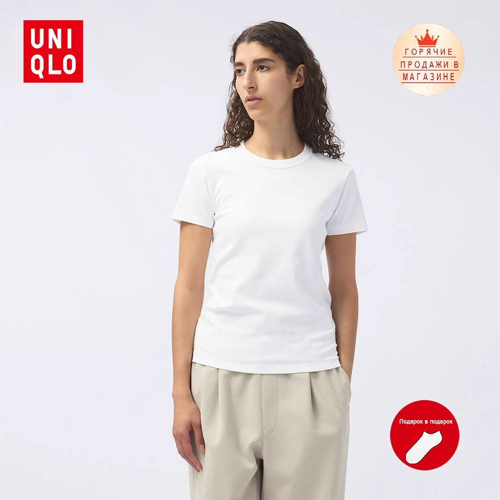 Футболка Женский Uniqlo белый Короткий, размер 48 Хлопок Однотонный Повседневный Китай, рост 155 ...