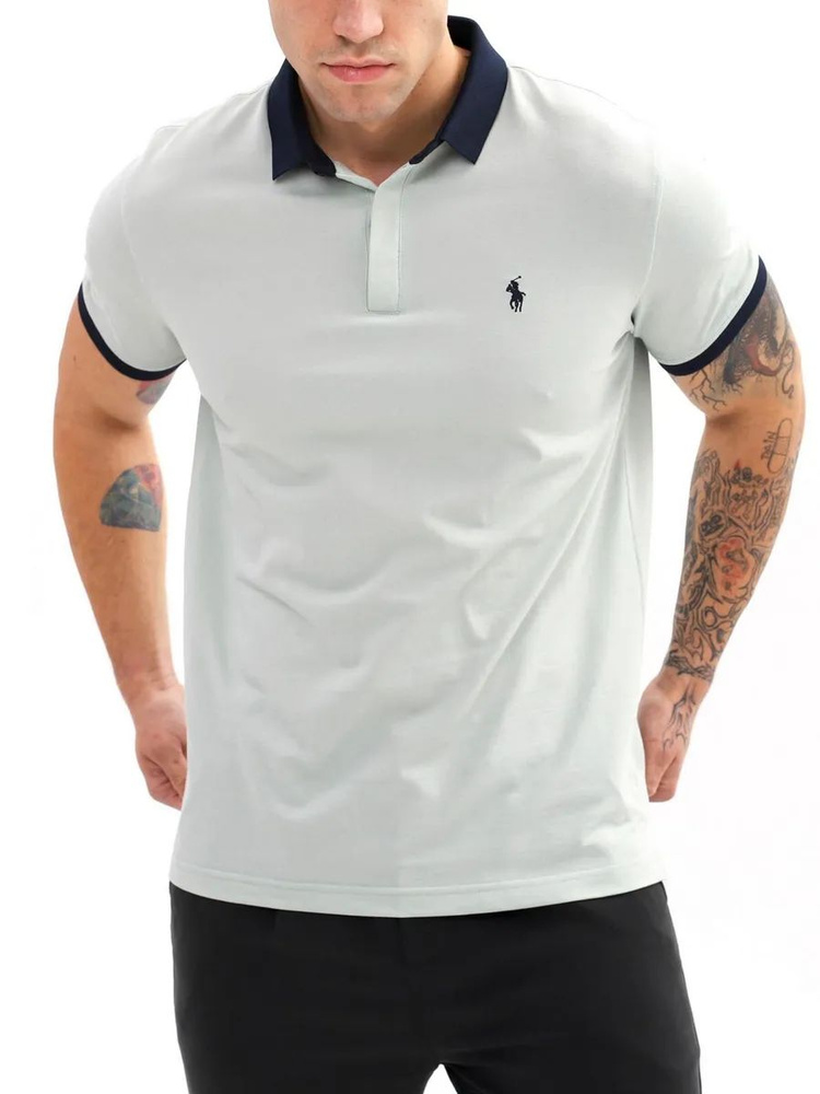 Поло Мужской FLOW LAB оливковый Короткий, размер 46, 48 Хлопок, Спандекс Однотонный свободный ...