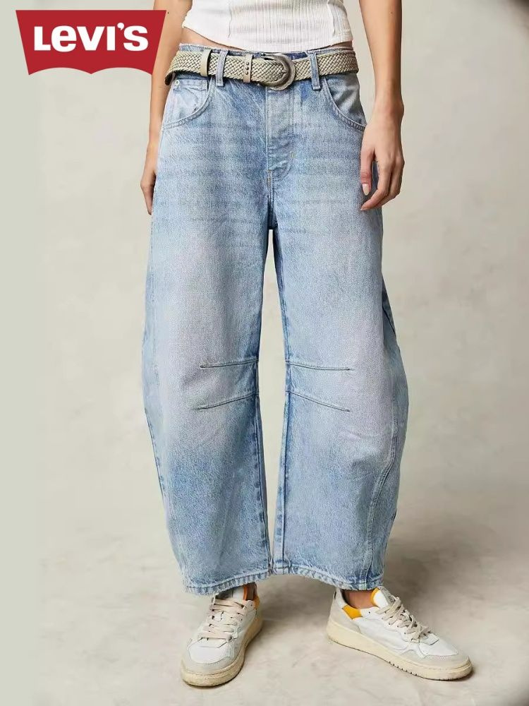 Джинсы Женский Levi's светло-голубой прямые Деним, размер 48 облегающий Без застежки Средняя ...