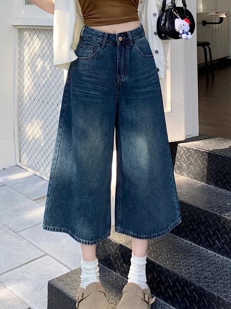 Брюки Женский SYJWY классические темно-синий Джинс Повседневный, размер 48 Пуговицы свободный На ...