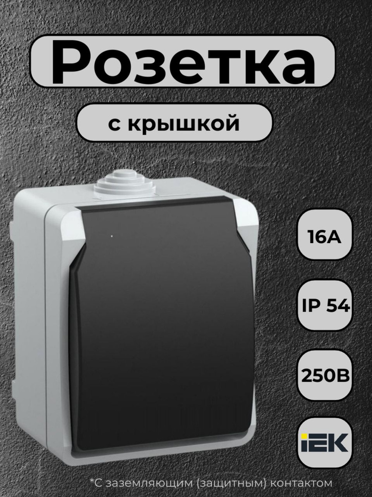Розетка 2P+E с крышкой винт. зажим накладная, серый, Форс IP54 IEK (ИЭК) ERS12-K03-16-54-DC ...