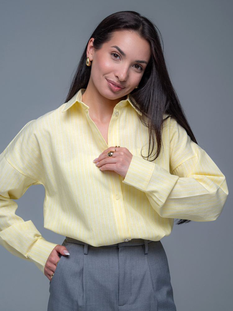 Рубашка Женский Lady Gina желтый Длинный Хлопок, Полиэстер Воротник, Кокетка Полоска, размер 42 ...