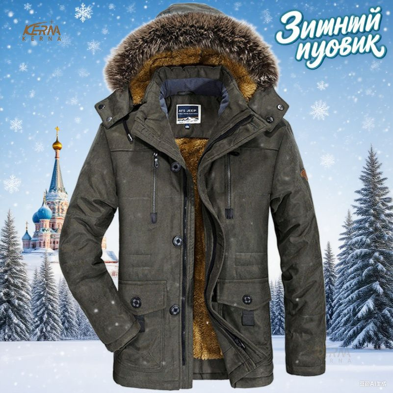 Пальто Мужской KERNA зеленый круглый Хлопок, Полиэфирное волокно Длинный Полиэстер, Синтепух ...