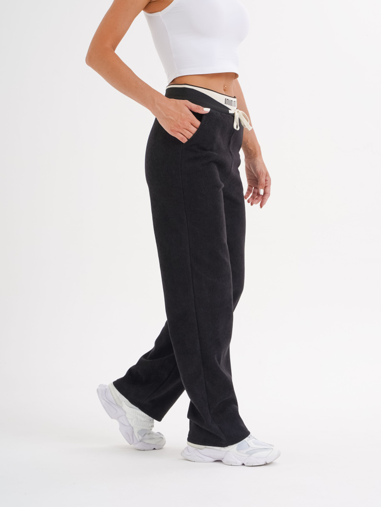 Брюки утепленные Женский XF.BUSF широкие черный муар Вельвет Повседневный, размер 48, 50 Резинка ...