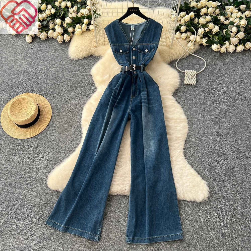 Комбинезон Женский H&M, размер 46 суровый темно-синий Лето Хлястик джинсовый, с брюками ...