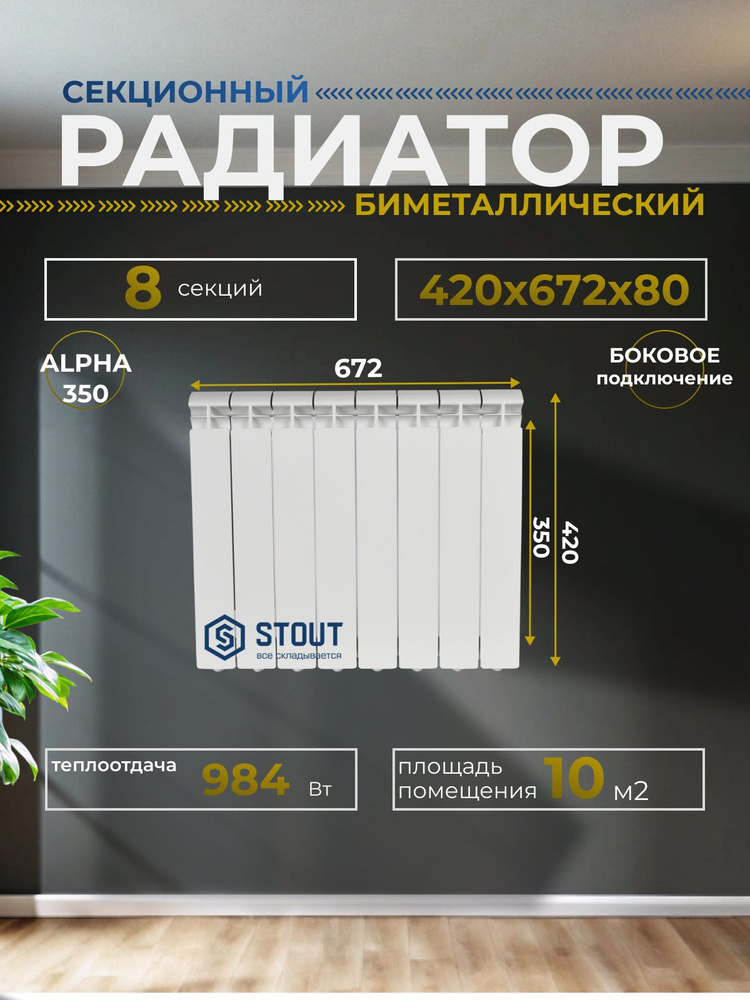 Радиатор биметаллический Alpha 350 8 секций боковое подключение Stout купить на OZON по низкой ...