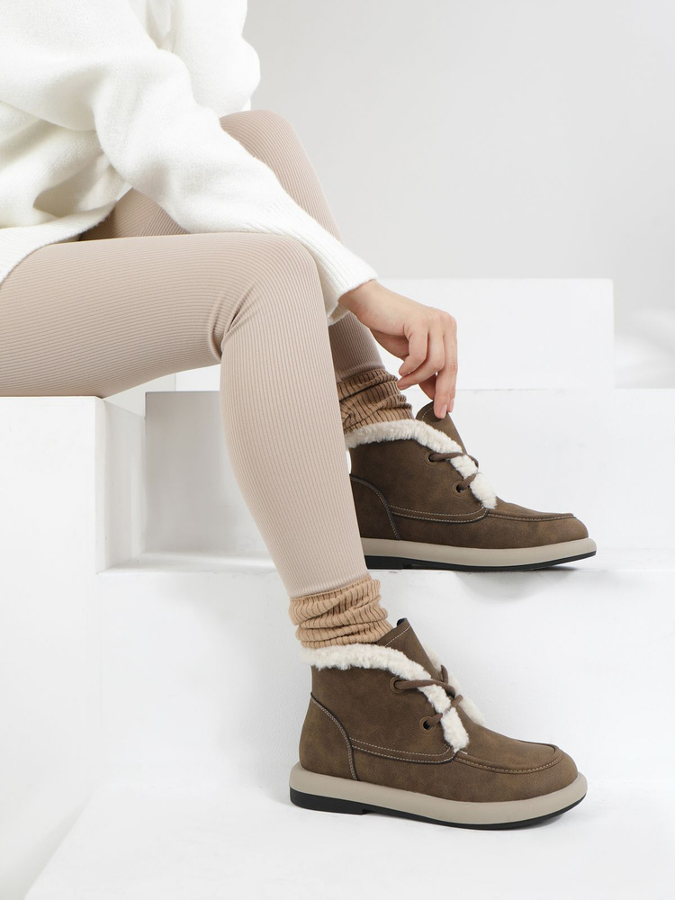 Ботинки Женский Covani коричневый, тауп, размер 39 в байкерском стиле Зима 6 Шнурки Платформа ...