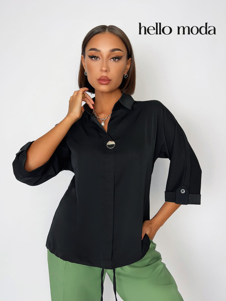Блузка Женский HELLO MODA! черный Полиэстер Три четверти Однотонный, размер 52 Шнурок Россия ...