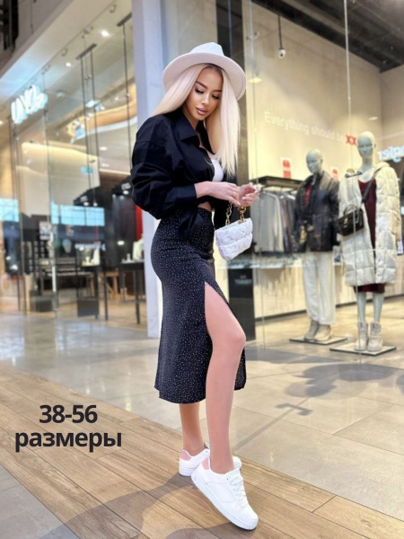 Юбка Женский BLACK KOSMOS черный Вискоза, Полиэстер прямая, размер 44 Молния, Пояс Миди Разрезы ...