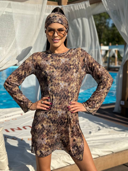 Платье Женский MARMELAD золотисто-коричневый прямое Пляжный Длинный Сетка, размер универсальный ...