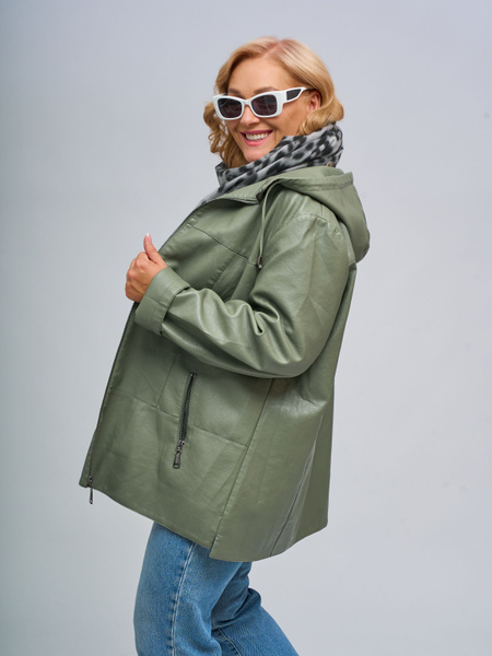 Куртка Женский BRADLY Капюшон, Карманы оливковый Экокожа, размер 62 Длинный кожаная Демисезон ...