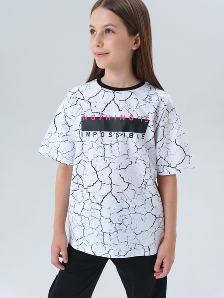 Футболка Девочки PlayToday белый, черный Короткий, размер 134 Трикотаж Буквы и цифры ...