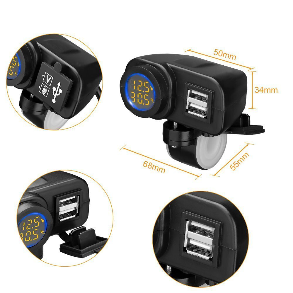 3.6A + 3.6A Мотоцикл Зарядное устройство USB (крепление на руль мотоцикла, желтый дисплей ...
