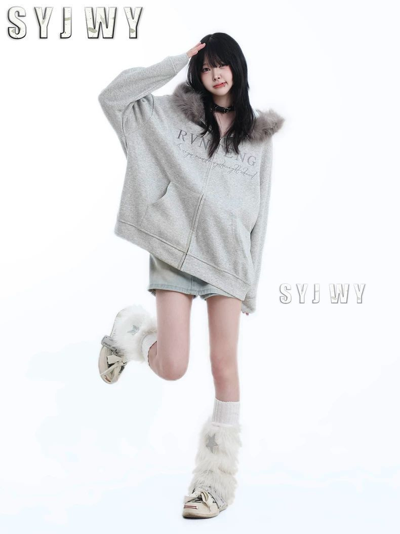 Толстовка Женский SYJWY Значки серый Молния Полиэстер FR, размер 44 свободный Длинный Логотип ...