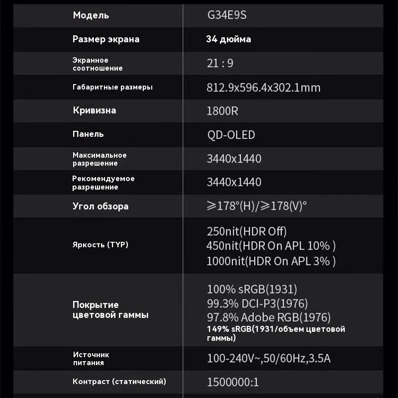 Titan Army 34" Монитор G34E9S 3440x1440 240Hz QD-OLED HDR True Black ...