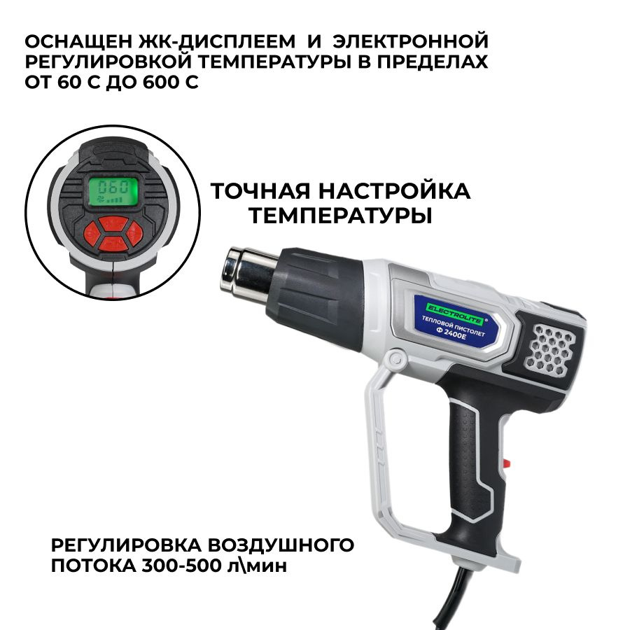 Фен строительный Electrolite Ф 2400Е с регулировкой температуры и воздушного потока 2400 Вт ...