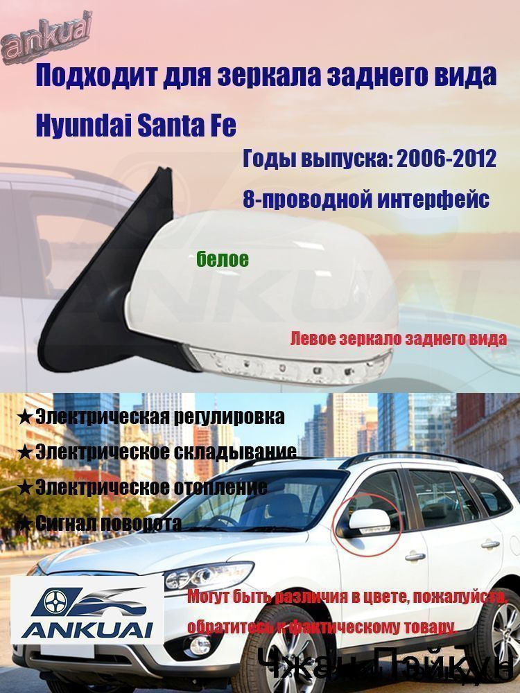 Подходит для зеркала заднего вида Hyundai Santa Fe (белое) 2006-2012 ...