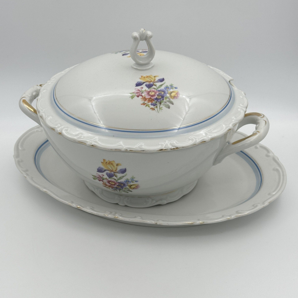 Набор из супницы и блюда с цветочным декором, фарфор, деколь, золочение, Kahla, ГДР, 1937-1956 ...