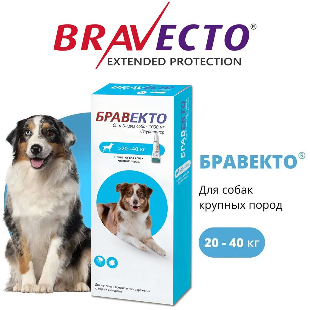 Капли BRAVECTO подходят для собак весом от 20 до 40 кг, До 10.2025 ...