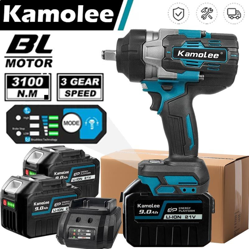 Бесщеточный электрический ударный гайковерт Kamolee "1/2" 3100 Нм со светодиодной подсветкой ...